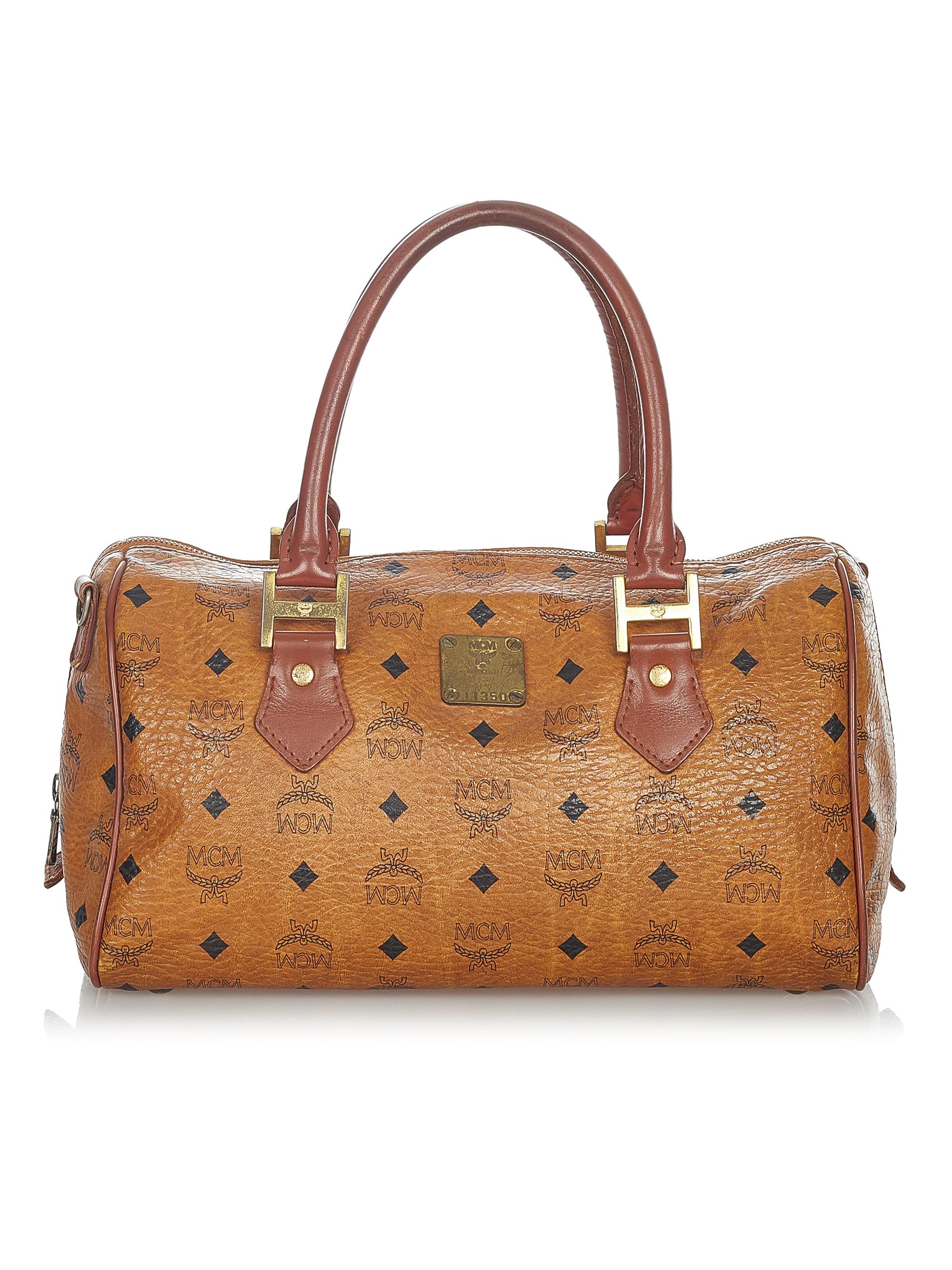 MCM 100% Calf Leather Brown Visetos Leather Boston Bag One Size - 59% ...