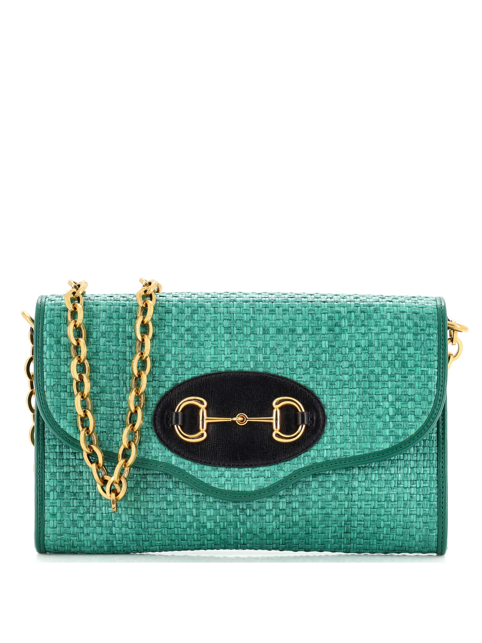 Gucci 100% Raffia Green Horsebit 1955 Curved Flap Shoulder Bag Raffia ...