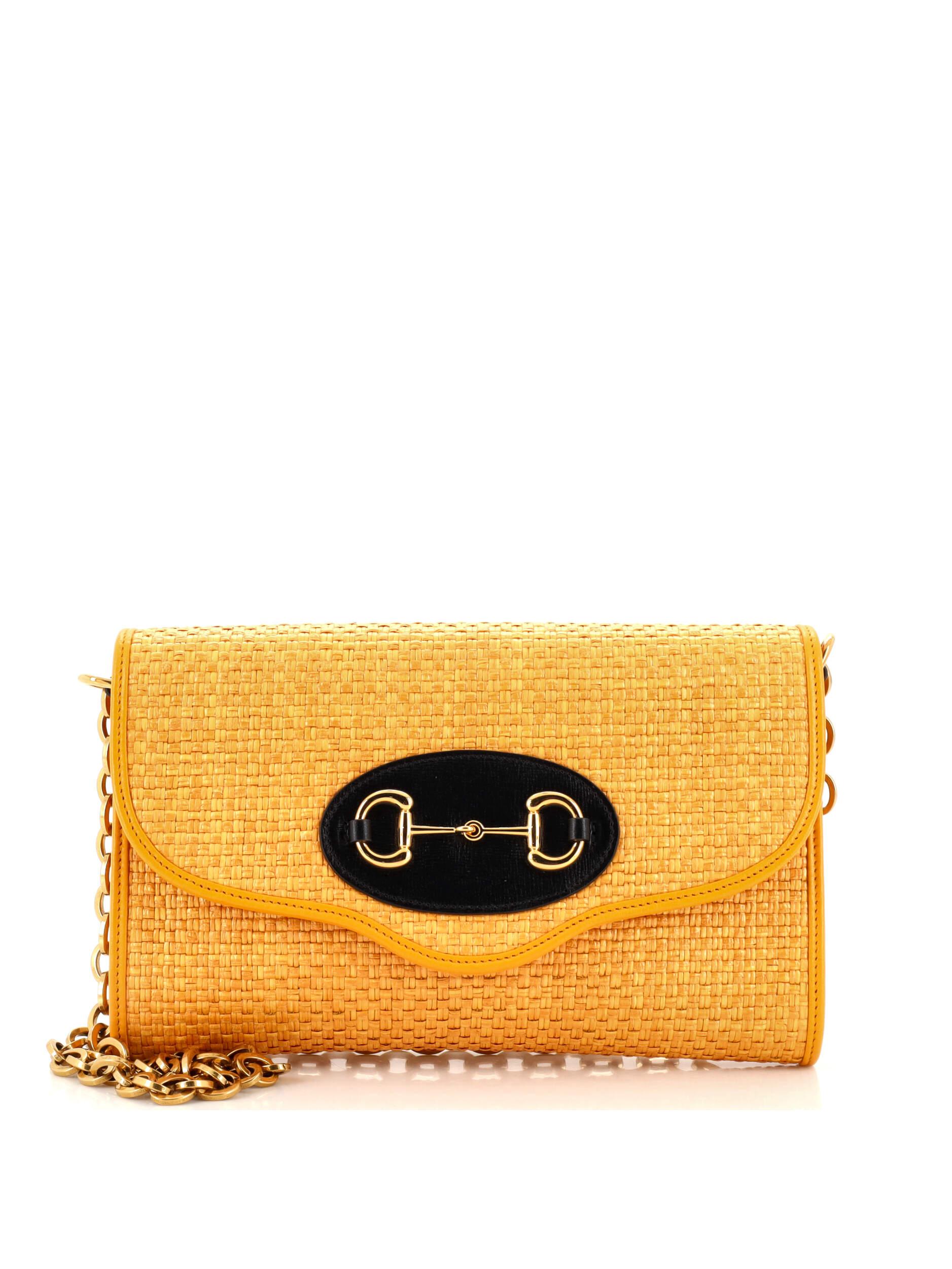 Gucci 100% Raffia Yellow Horsebit 1955 Curved Flap Shoulder Bag Raffia ...