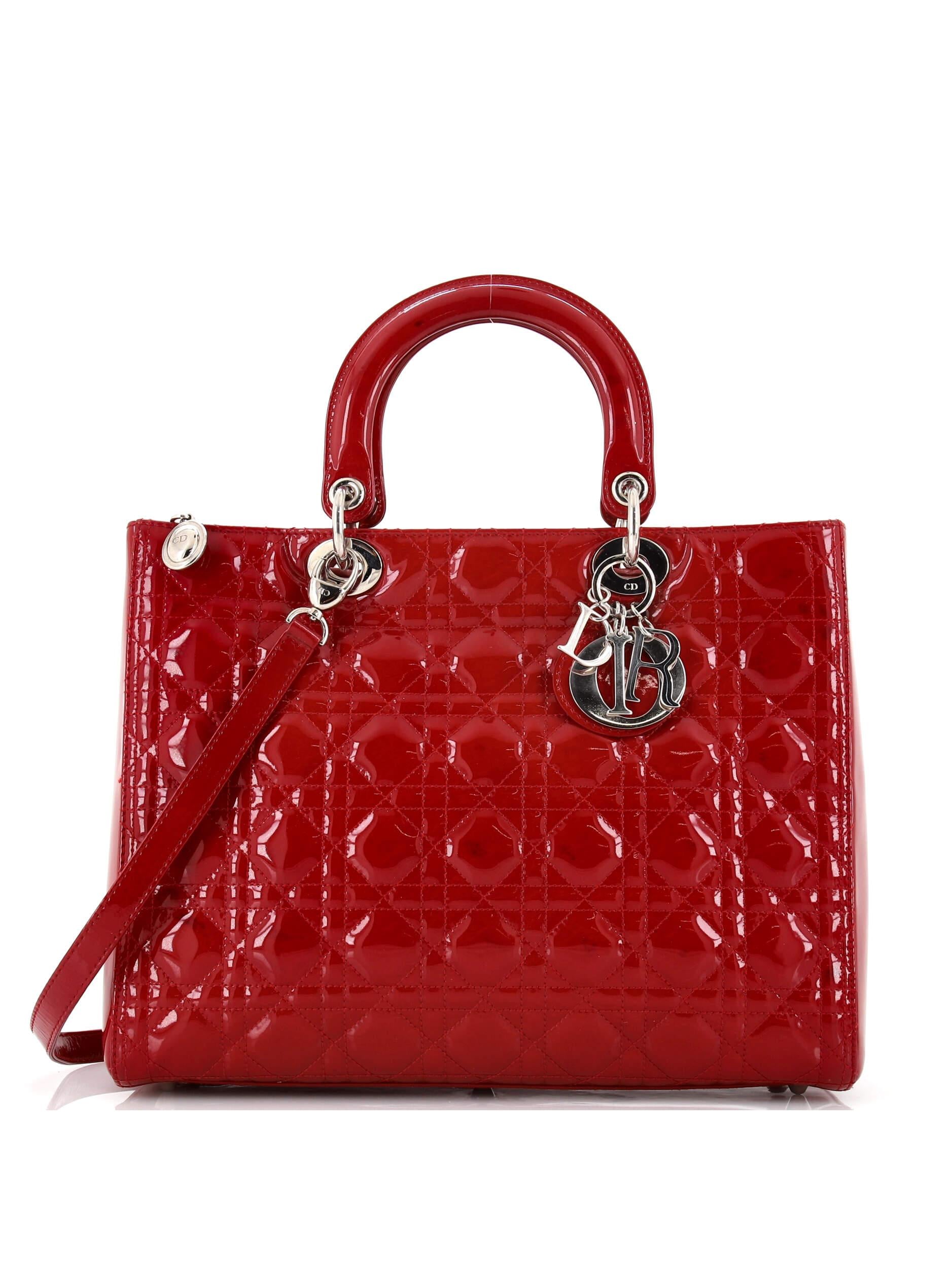 Christian Dior 100% Patent Leather Red Lady Dior Bag Cannage Quilt ...