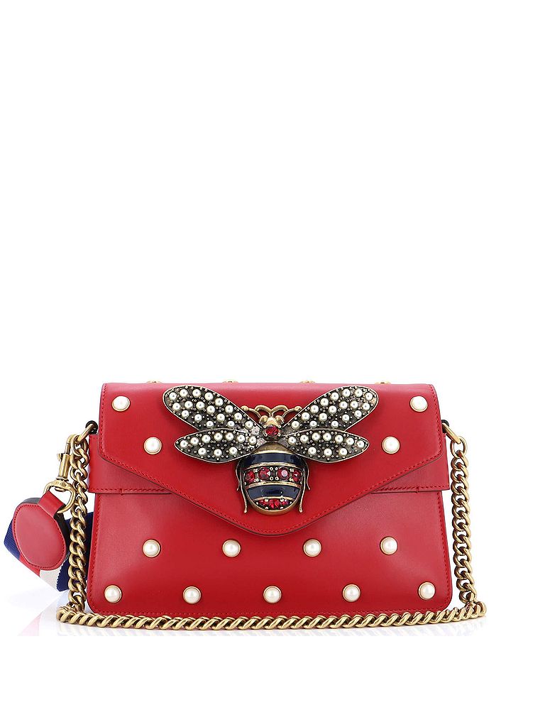Gucci 100% Leather Red Broadway Pearly Bee Shoulder Bag Embellished ...