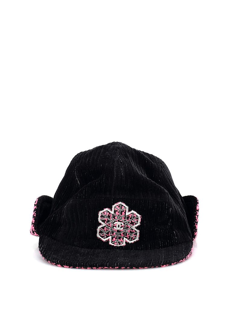 Chanel Black Pink Coco Neige Trapper Cap Embroidered Corduroy with ...