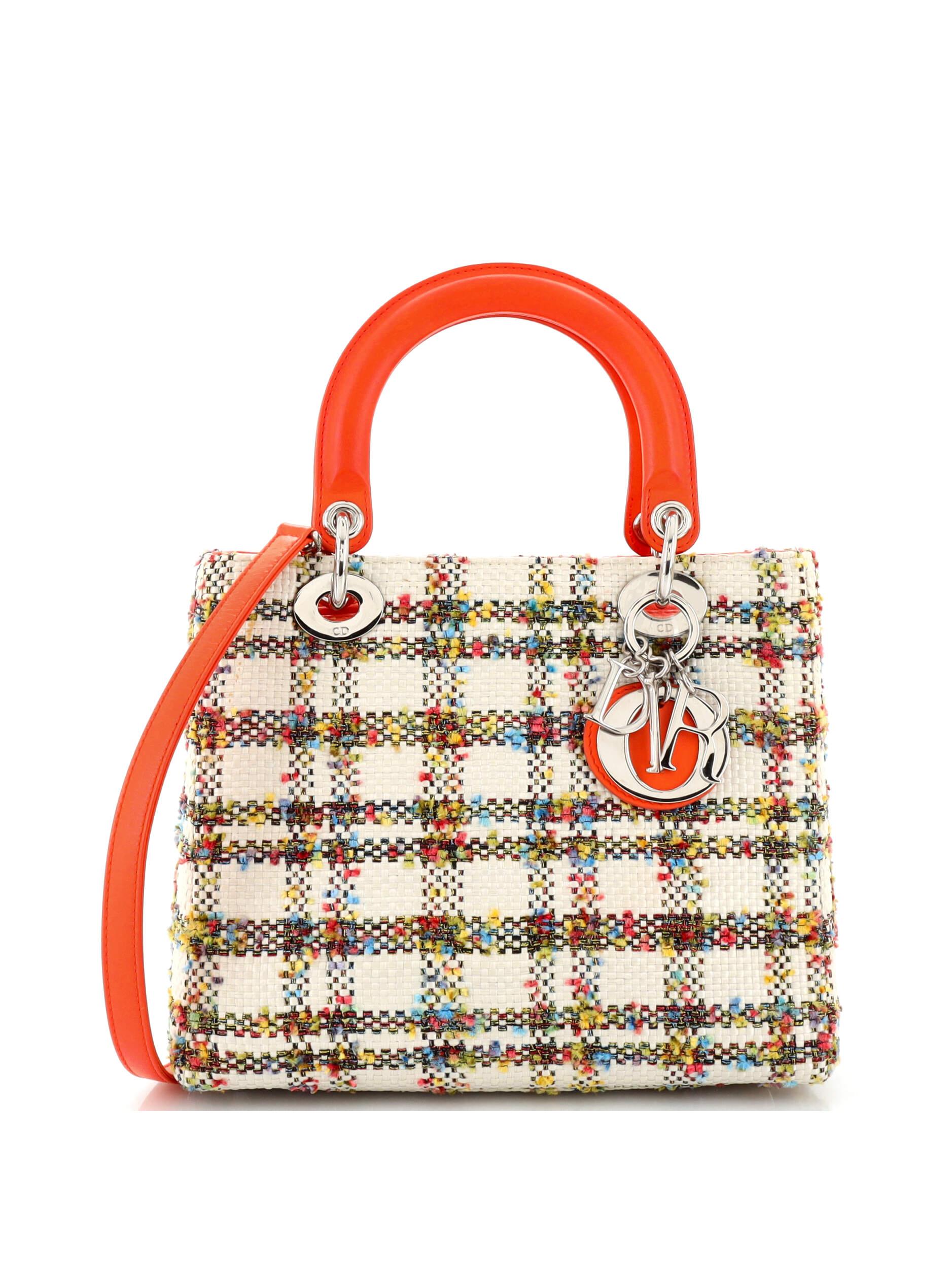 Christian Dior 100% Tweed Multi Color Lady Dior Bag Tweed with Leather ...
