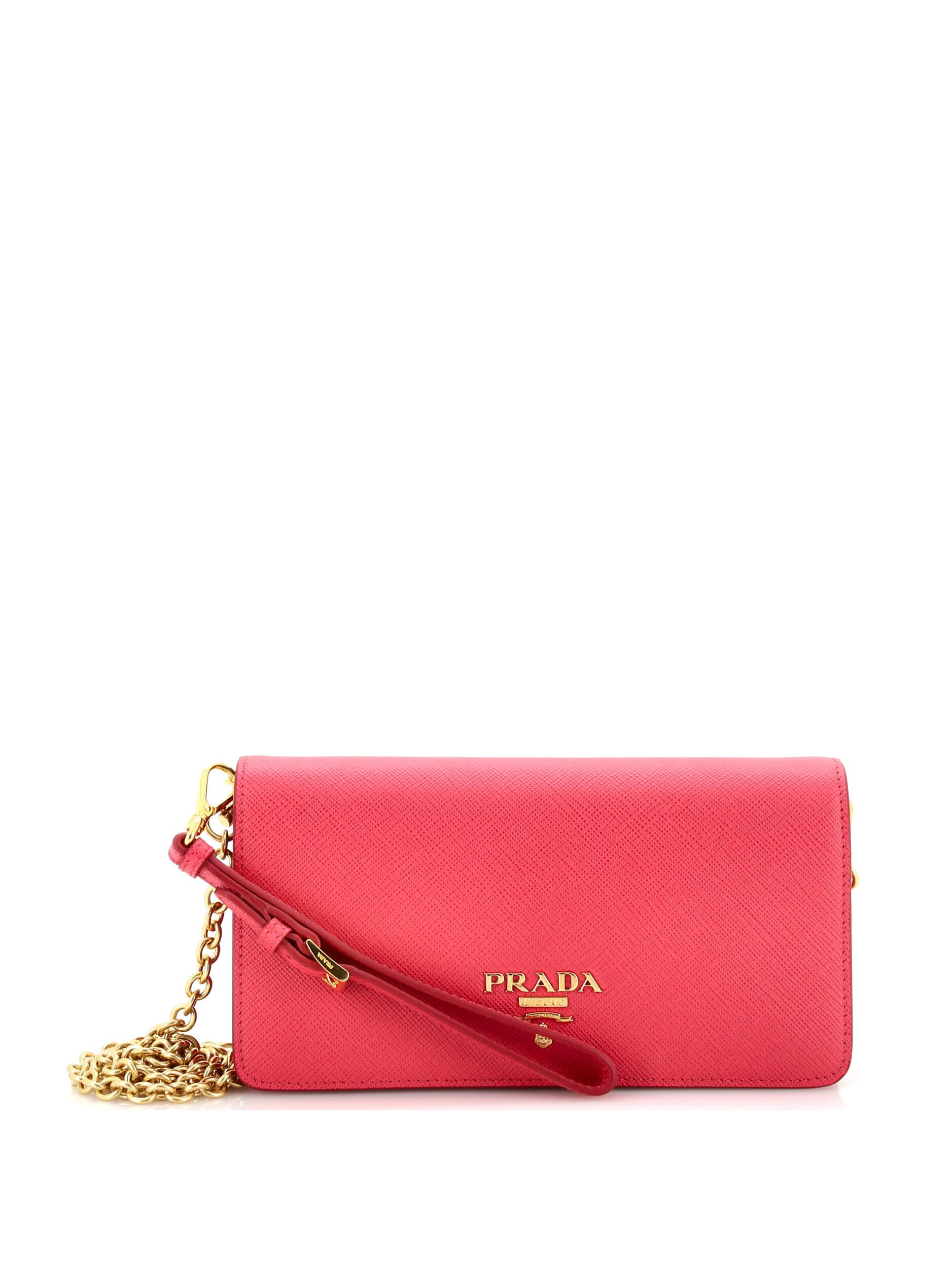 Prada 100% Leather Pink Wristlet Wallet on Chain Saffiano Leather Mini ...