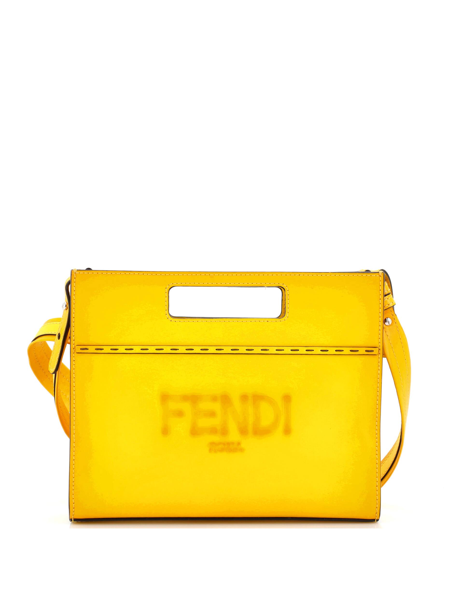 Fendi 100% Leather Yellow Logo Cut-Out Handle Shopper Tote Embossed ...