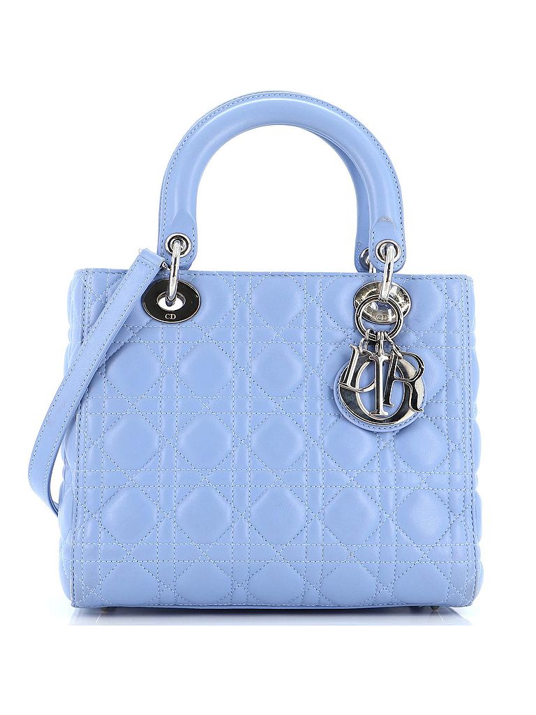 Christian Dior 100% Leather Blue Lady Dior Bag Cannage Quilt Lambskin ...