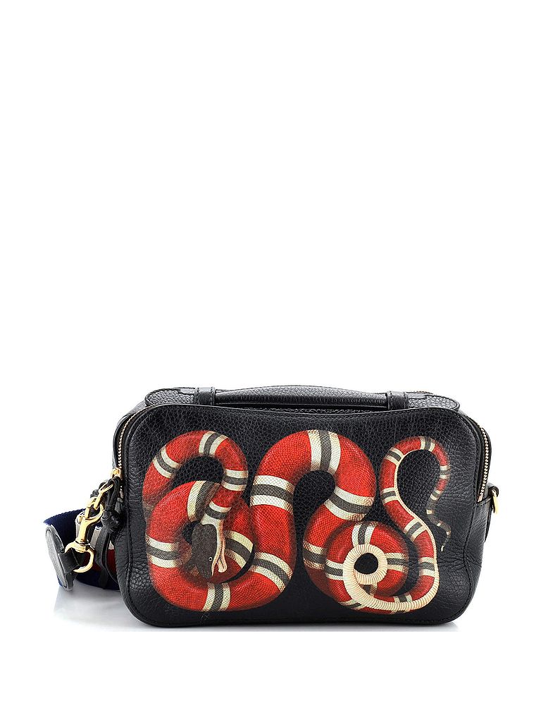 Gucci 100% Leather Black Kingsnake Double Zip Camera Bag Printed ...