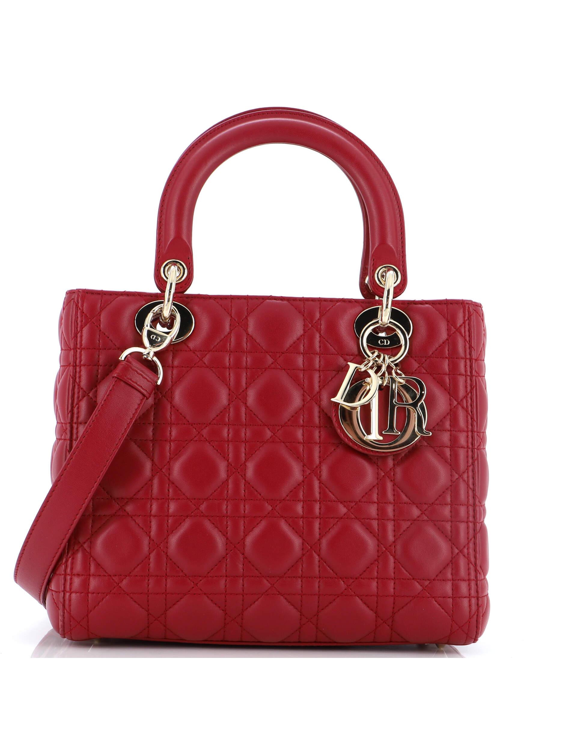 Christian Dior 100% Leather Red Lady Dior Bag Cannage Quilt Lambskin ...