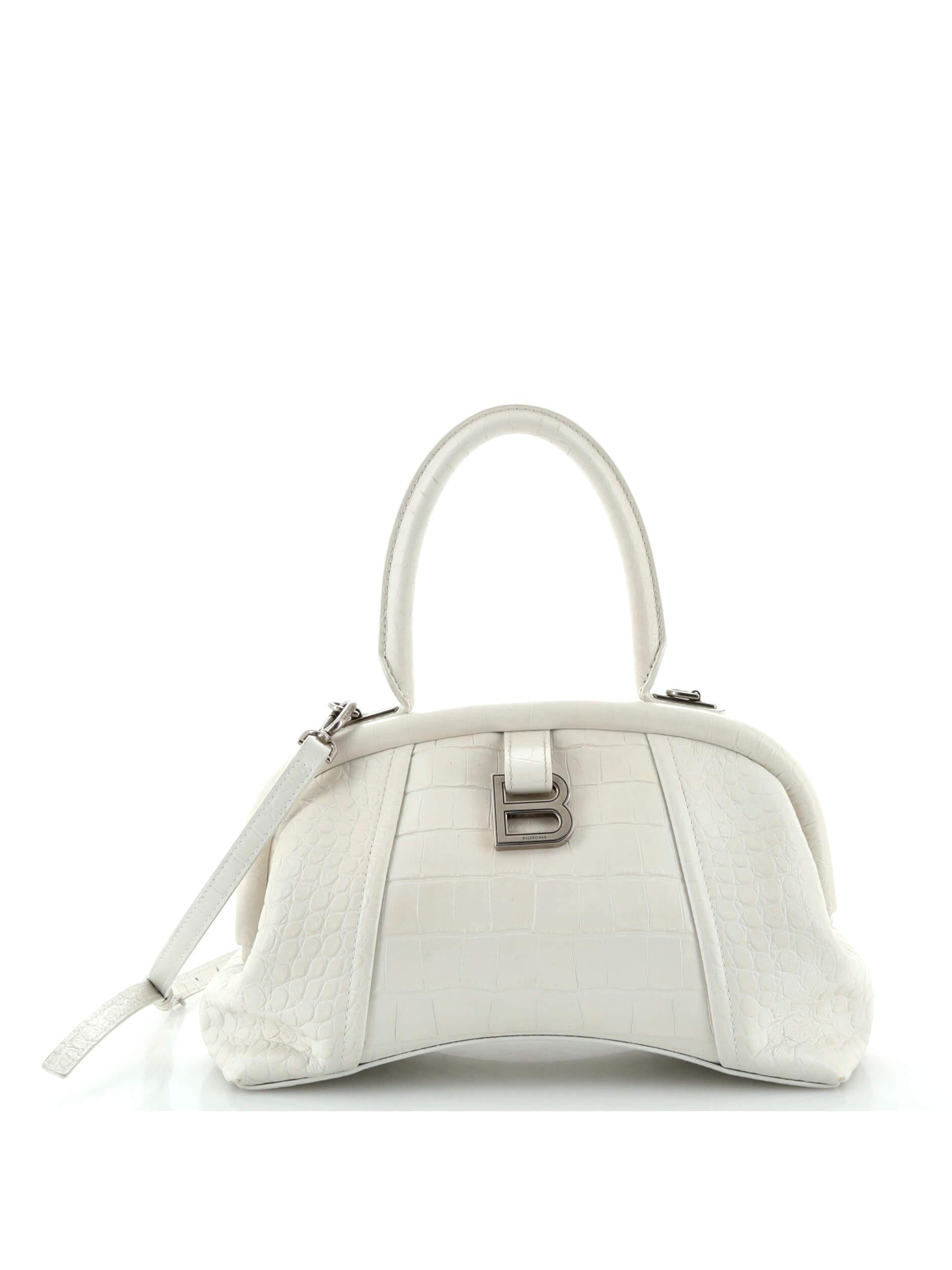 Balenciaga 100% Leather White Editor Frame Top Handle Bag Crocodile Embossed Leather Small One ...