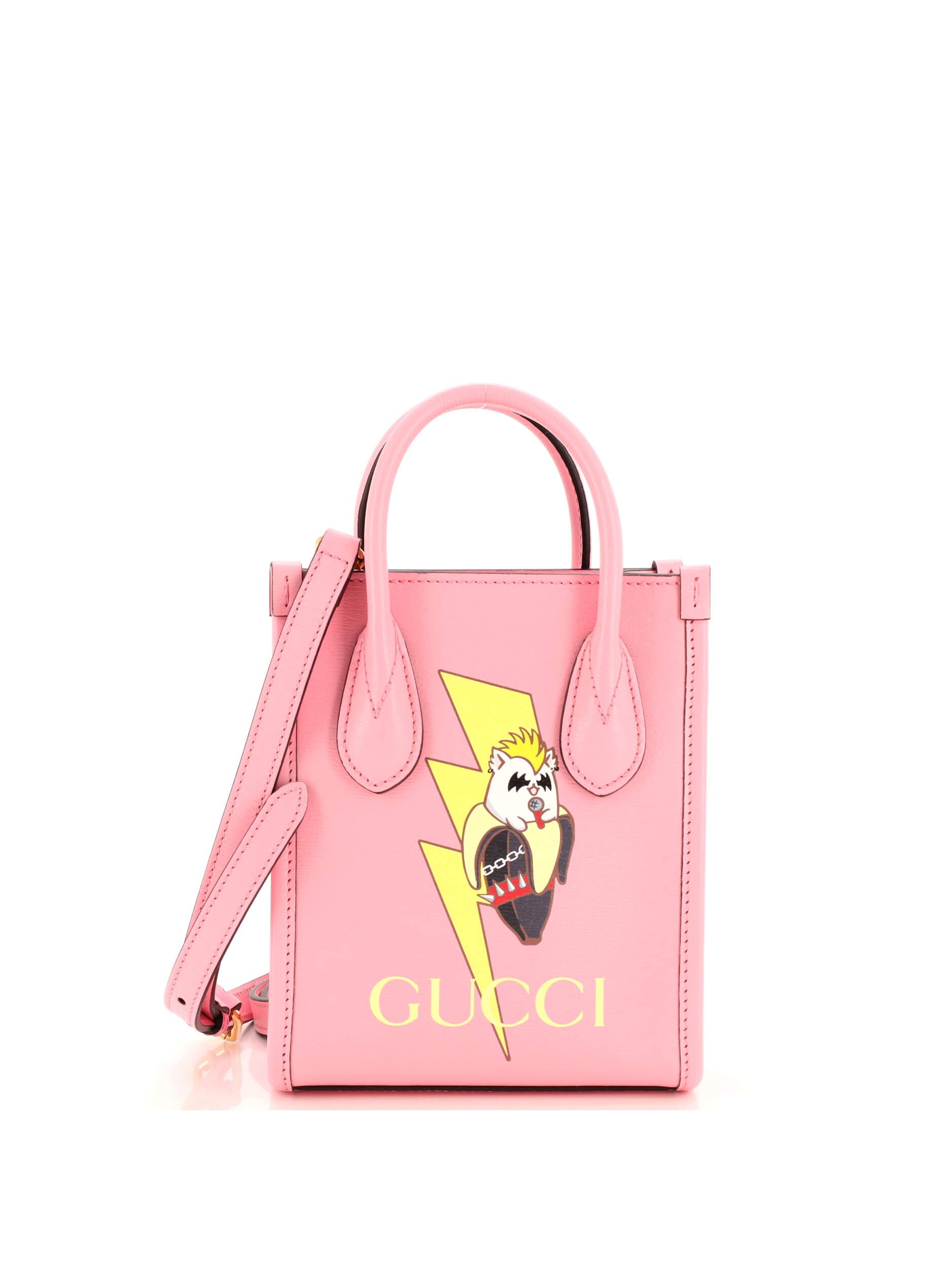 Gucci 100% Leather Pink Interlocking G Patch Tote GG Coated Canvas Mini ...