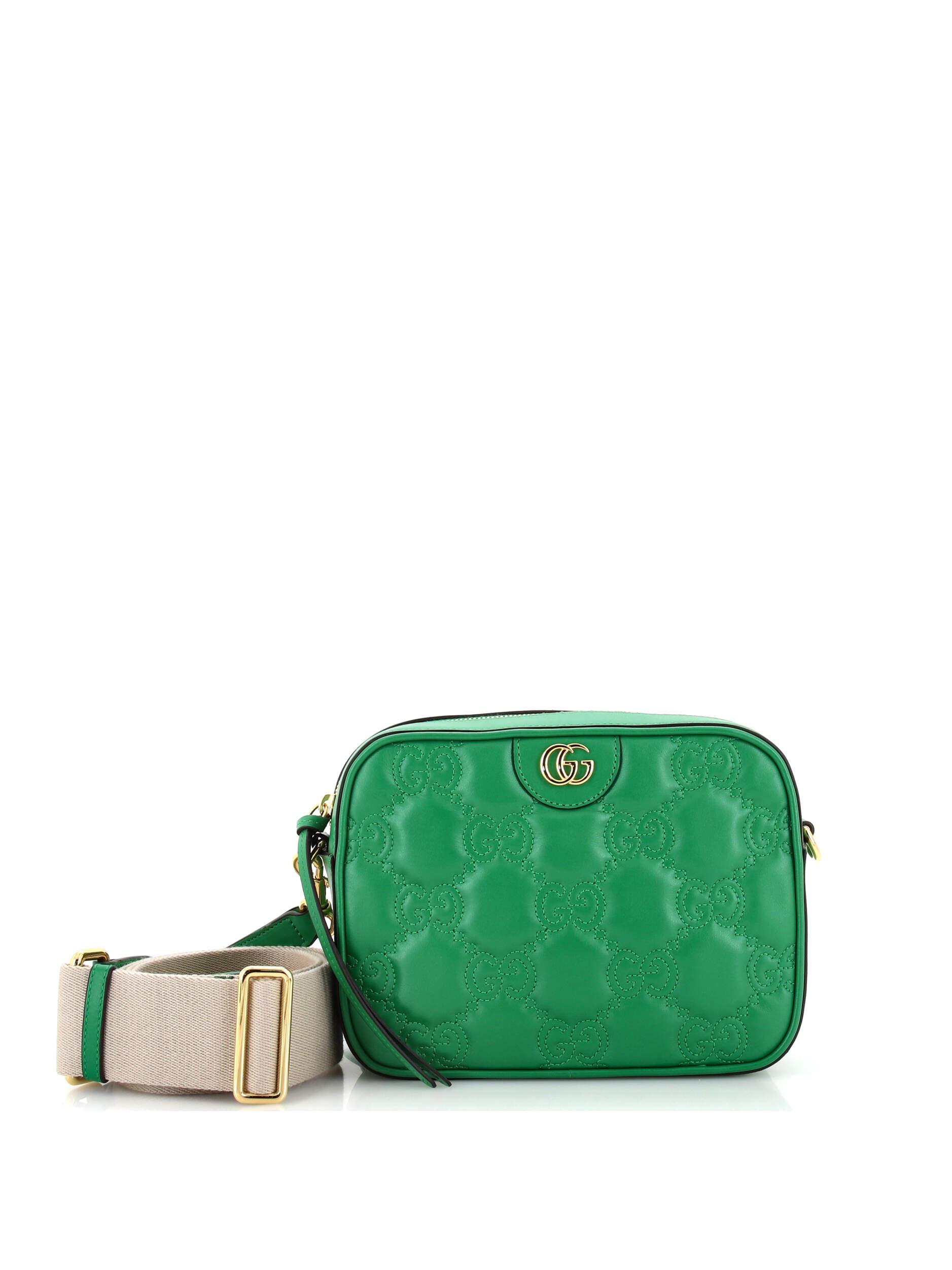 Gucci 100% Leather Green Zip Camera Bag GG Matelasse Leather Small One ...