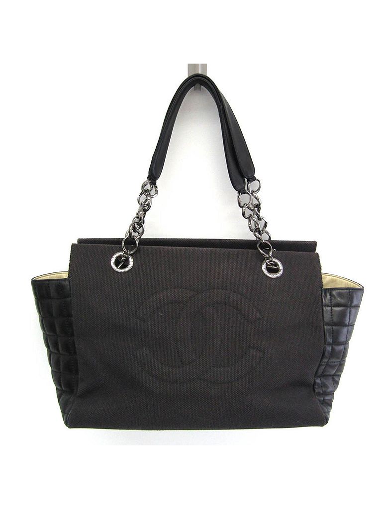 Chanel 100% Canvas Solid Black Chocolate Bar Black Canvas Tote Bag One ...
