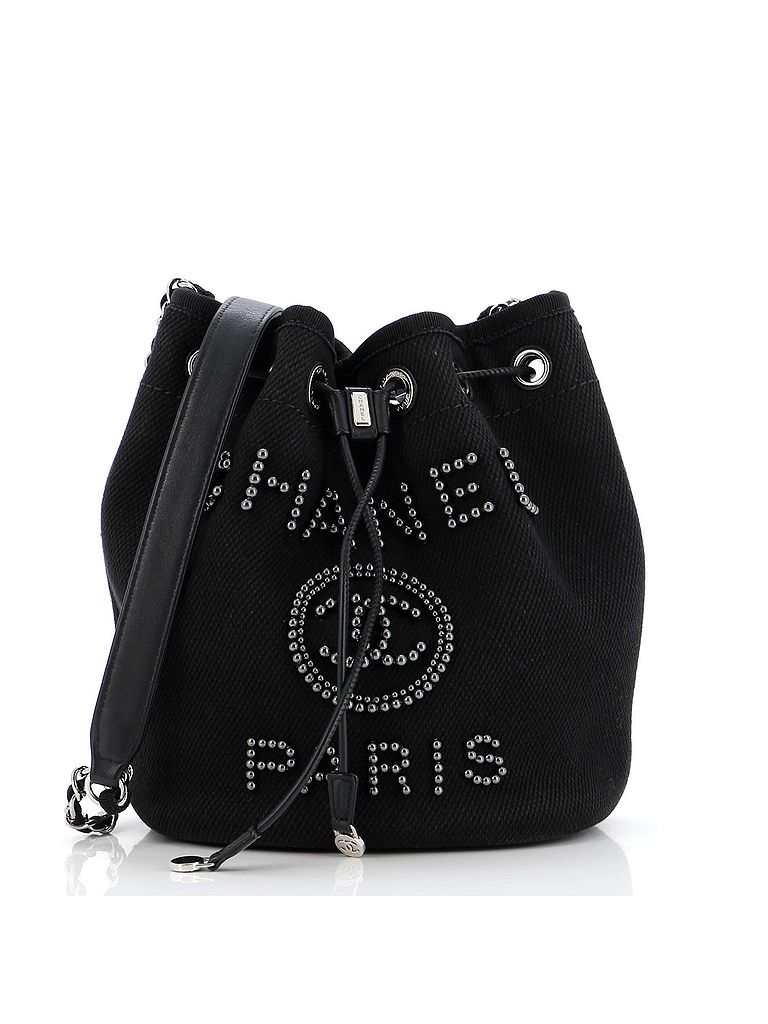 Chanel Black Deauville Drawstring Bucket Bag Pearl Embellished Canvas ...