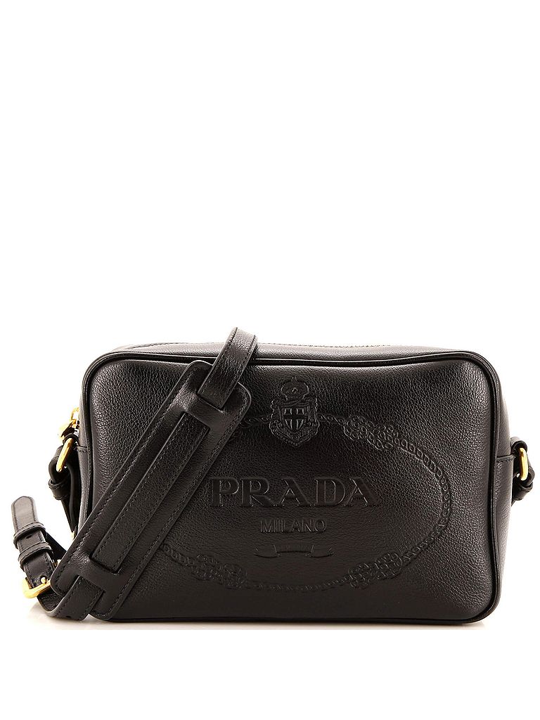 Prada 100% Leather Black Logo Camera Bag Embossed Leather Small One ...