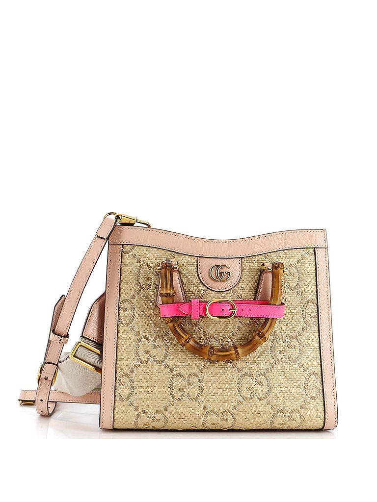 Gucci 100% Raffia Pink Diana NM Bamboo Handle Tote GG Raffia Small One ...