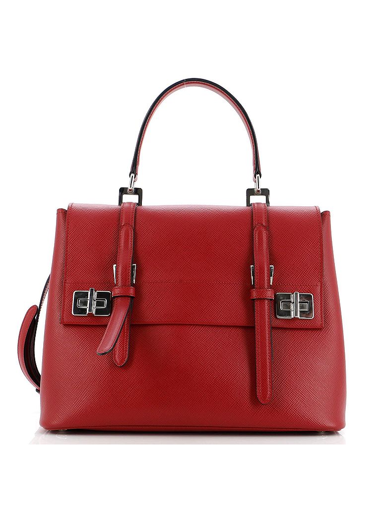 Prada 100% Leather Red Dual Flap Double Turn Lock Satchel City Calfskin ...