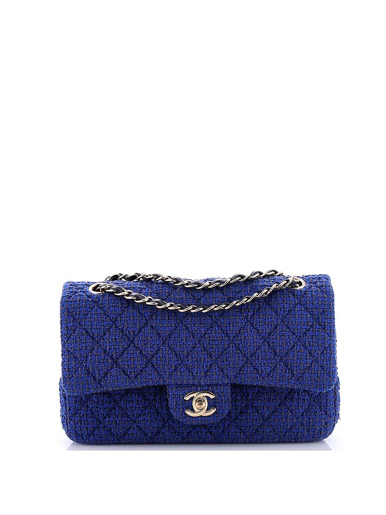 Chanel 100% Tweed Blue Classic Double Flap Bag Quilted Tweed Medium One ...