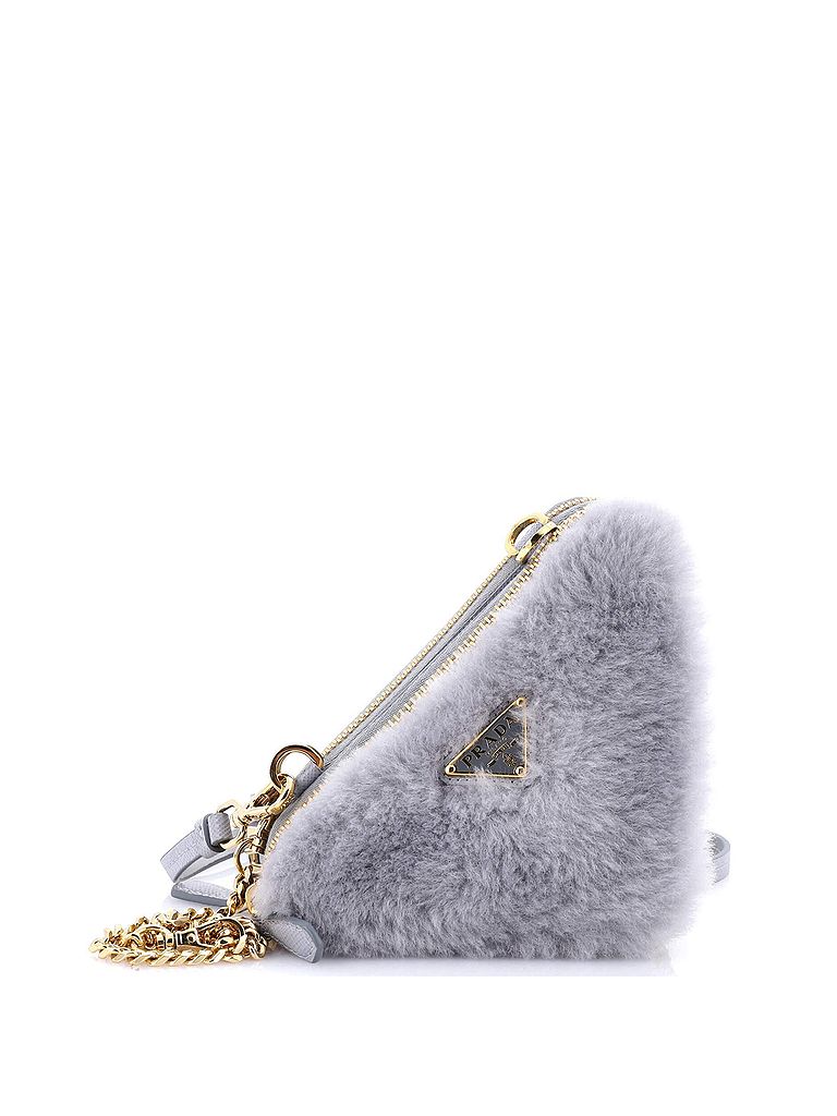 Prada Gray Triangle Crossbody Pouch Shearling and Saffiano Leather Mini ...