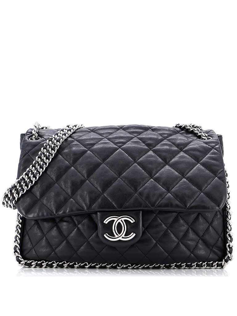 Chanel 100% Leather Black Chain Around Flap Bag Quilted Leather Maxi ...