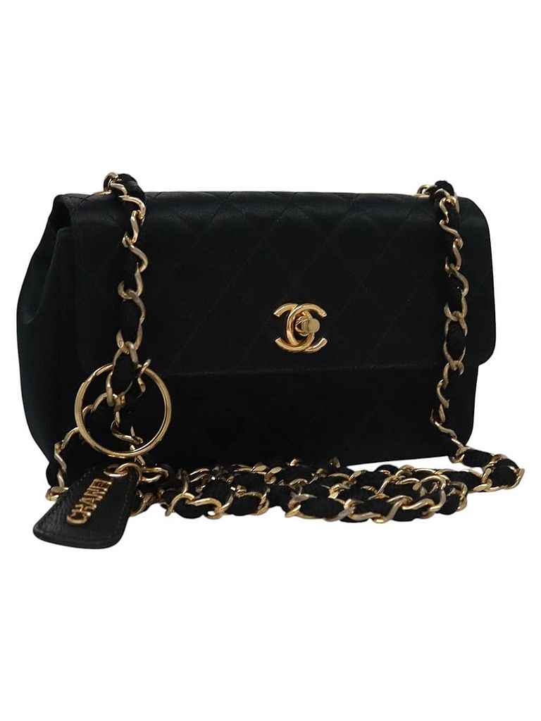 Chanel 100% Silk Solid Black Single Flap Black Silk Shoulder Bag One ...