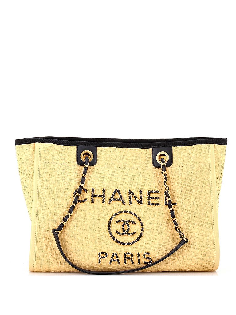 Chanel 100% Straw Tan Deauville Tote Straw with Chain Detail Small One ...
