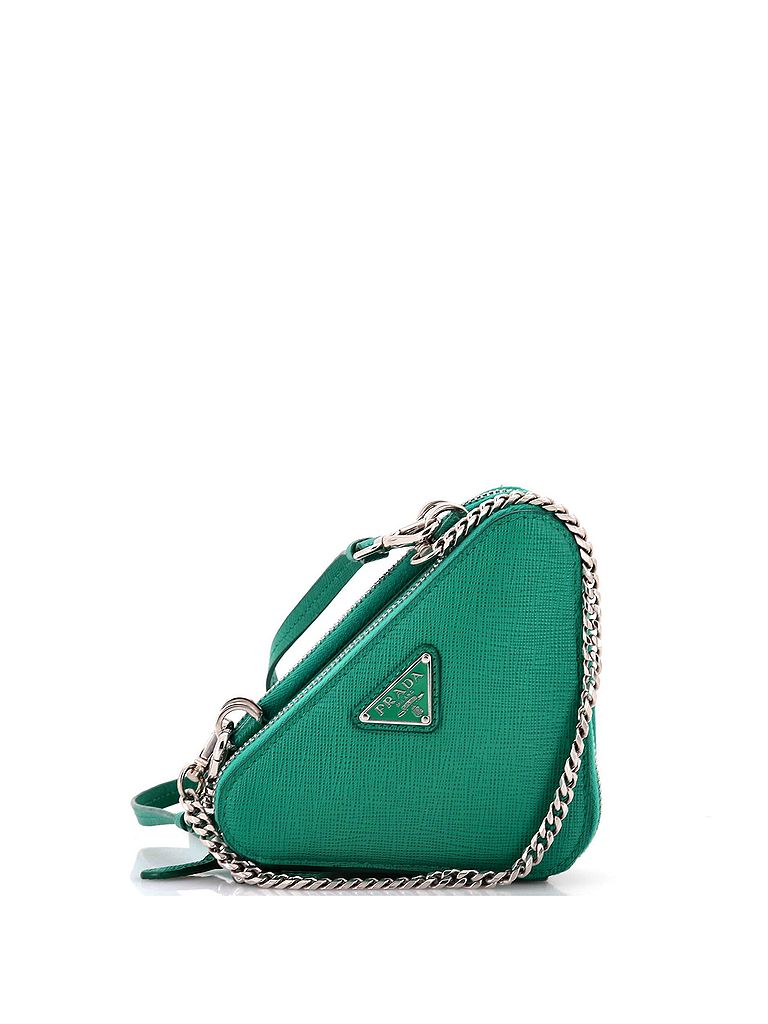 Prada 100% Leather Green Triangle Double Zip Pouch Bag with Chain ...