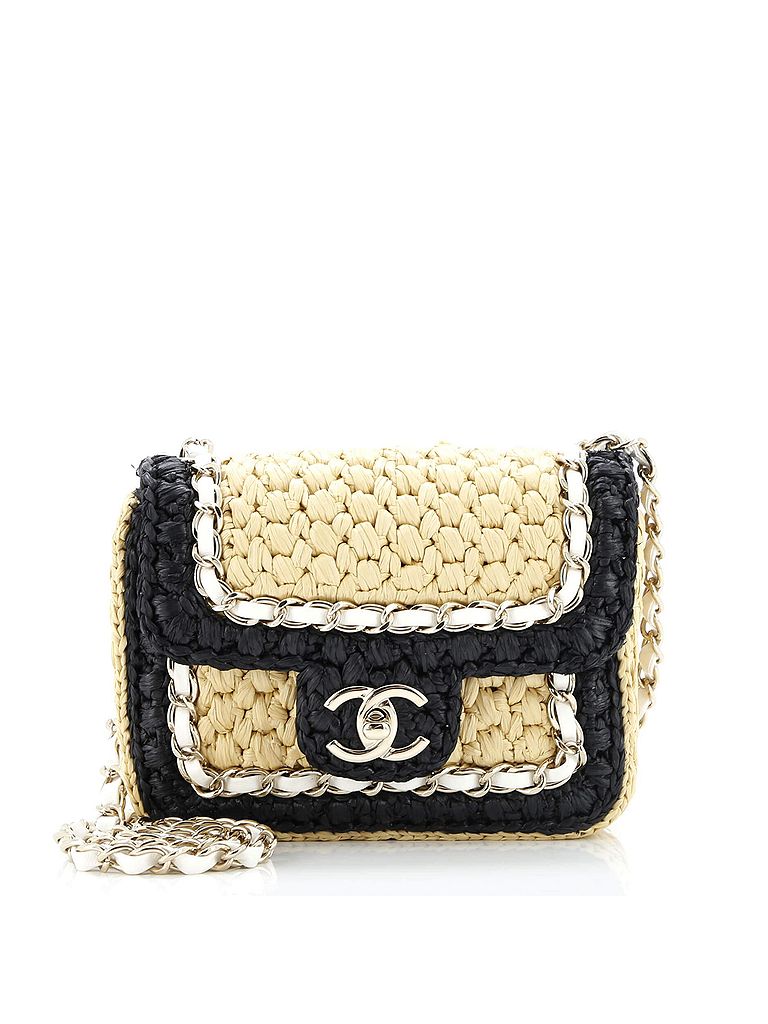 Chanel 100% Raffia Tan Black Venice Beach Square Flap Bag Braided ...